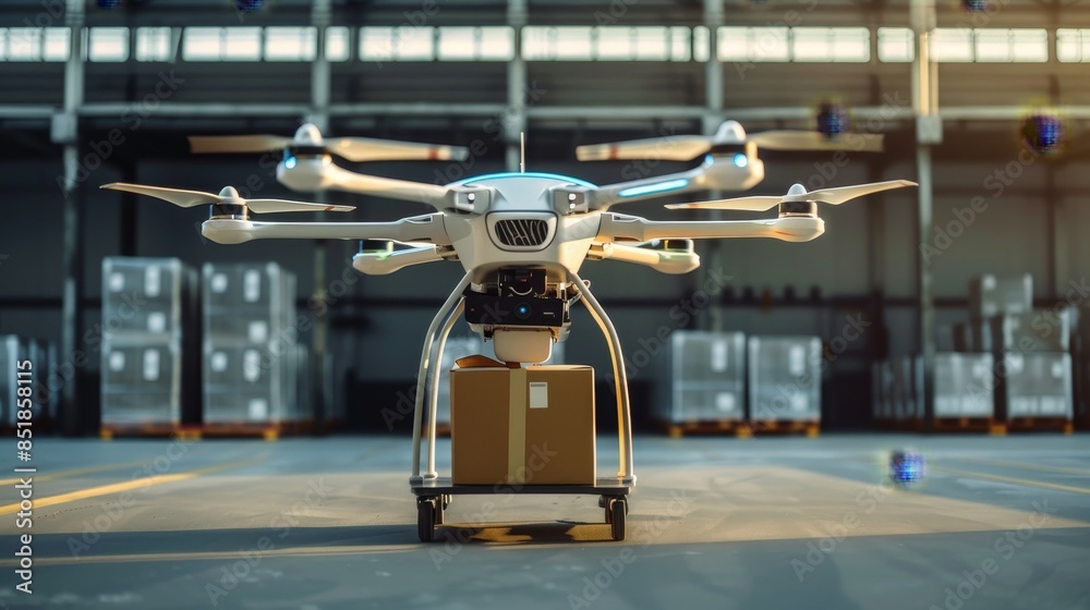 Advanced logistics, drone delivery, front view, presenting rapid ...