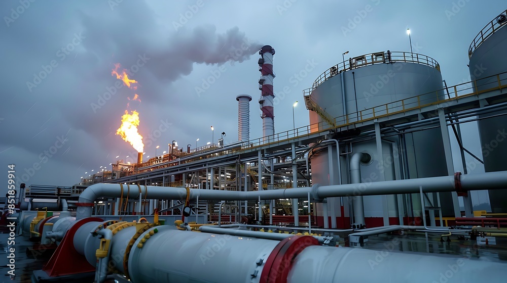 LNG storage tank at industrial plant, complex piping, flare stack ...