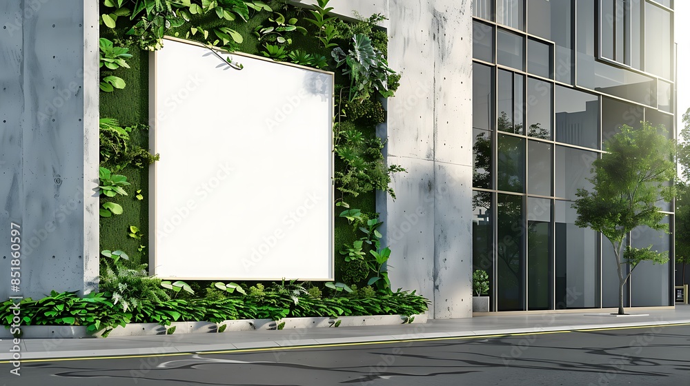 Blank white billboard in vertical garden wall, urban advertising with ...