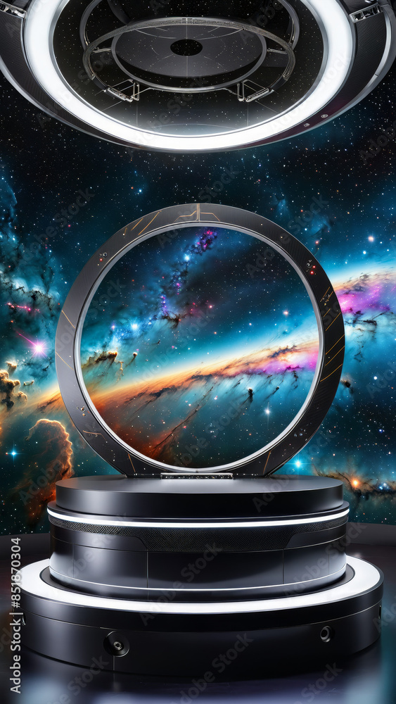 Futuristic carbon fibre podium, ring light, nebula galaxy, electronical ...