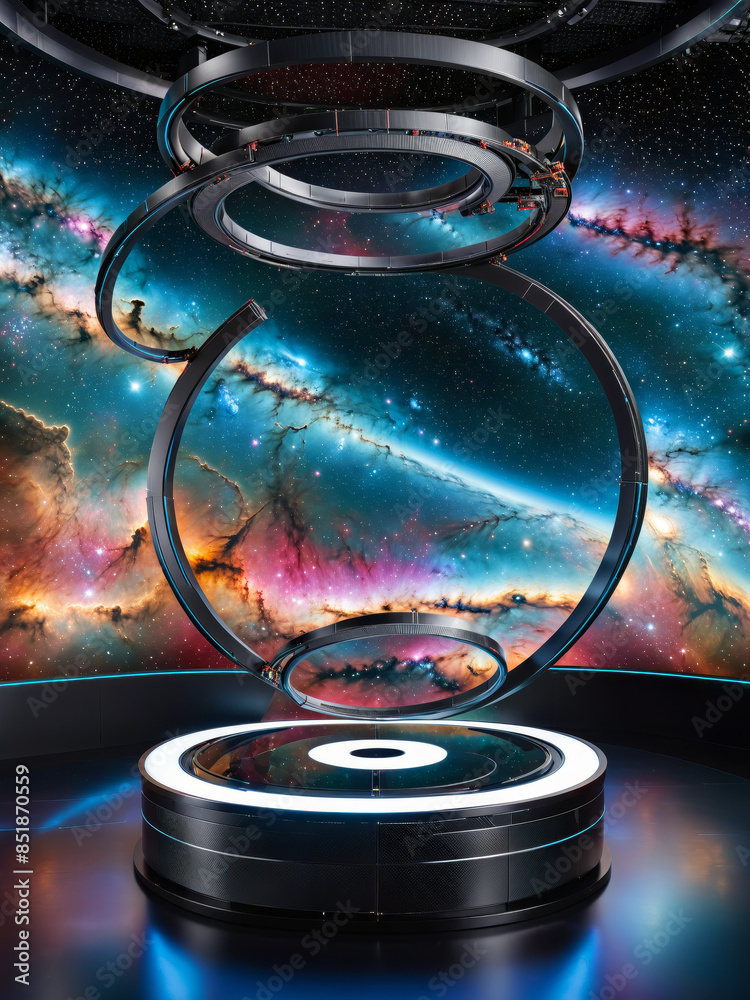 Futuristic carbon fibre podium, ring light, nebula galaxy, electronical ...