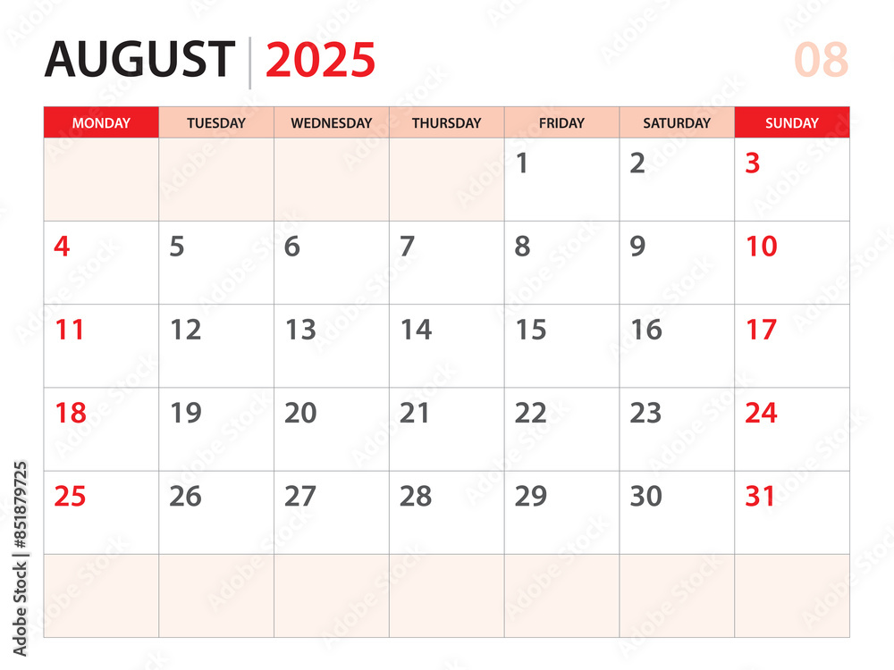 Calendar planner 2025 - August 2025 template, week start on Monday ...