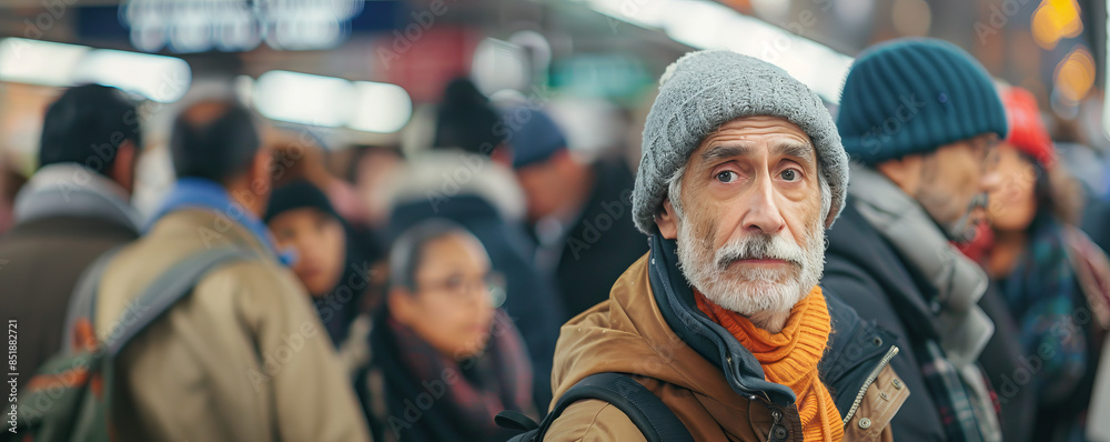 An artist sketching portraits of commuters in a busy train station ...