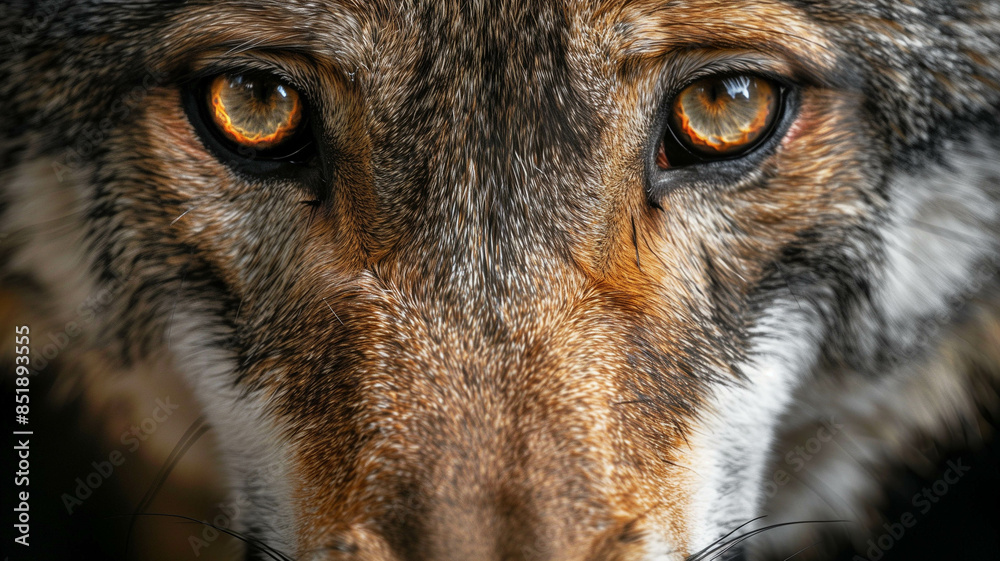 Hypnotic wolf eyes emerging from the shadows on a black background. Ai ...