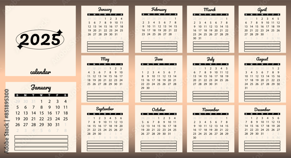 Complete set of 12 beautifully designed calendar pages for 2025. Each ...