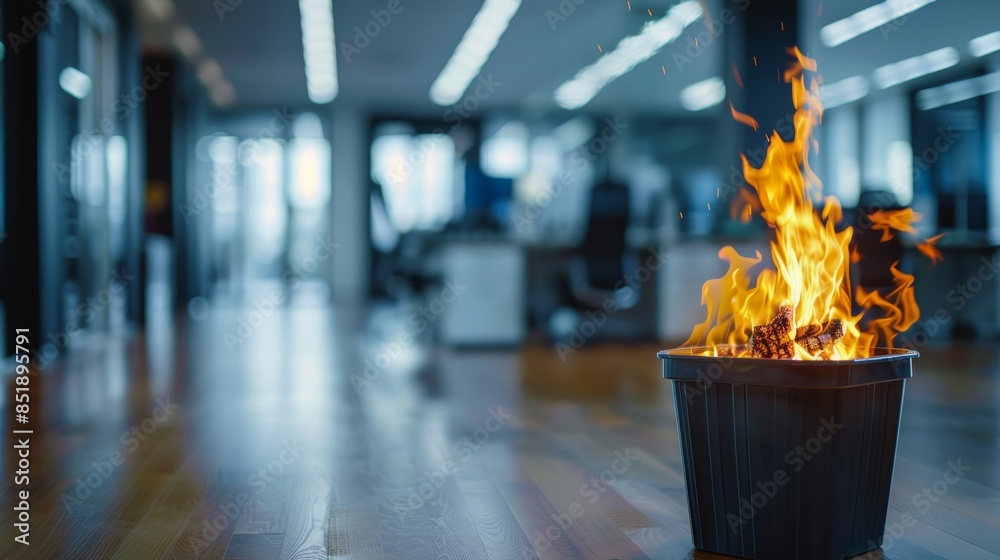 An alarming image of a fire burning in a waste bin inside a modern ...