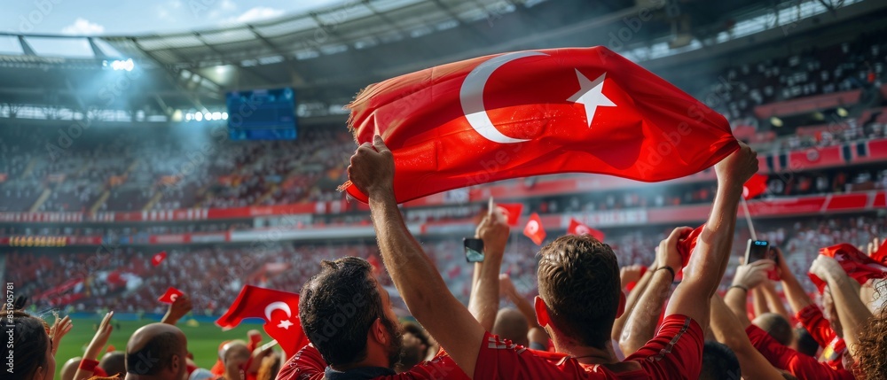 Turkish football soccer fans in a stadium supporting the national team ...
