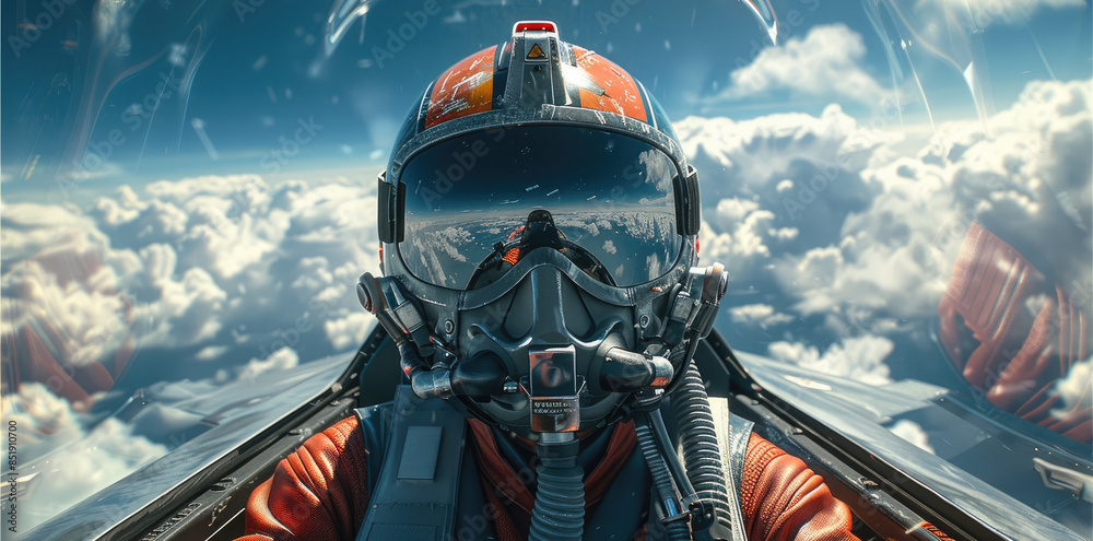 From inside the cockpit, the futuristic pilot, reflections in his visor ...