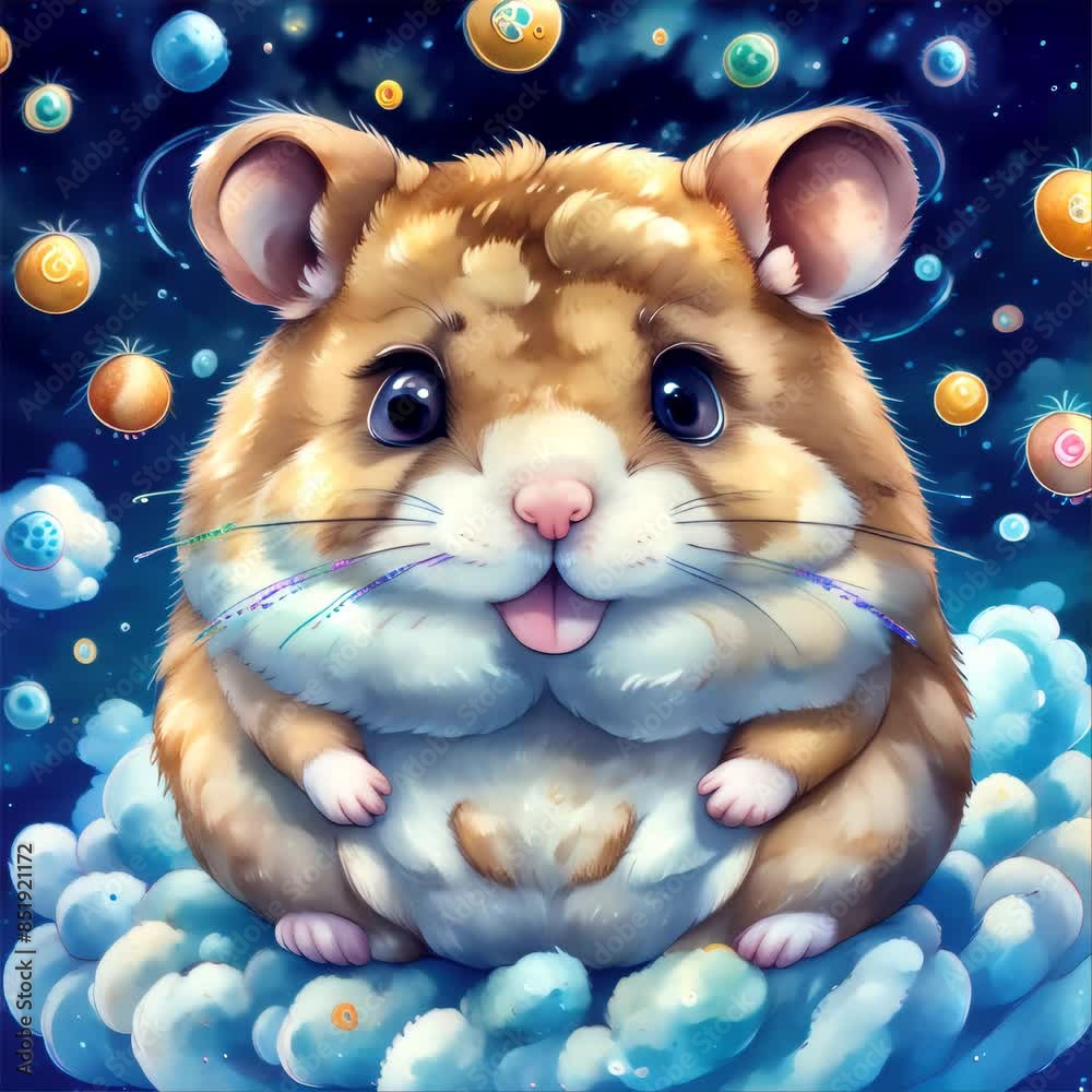 Cute cartoon hamster sitting on a fluffy cloud surrounded by a starry ...