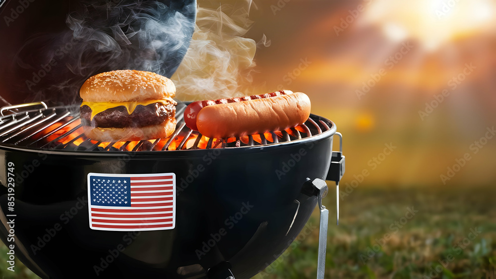 Patriotic Backyard Cookout A photorealistic image of a charcoal grill ...
