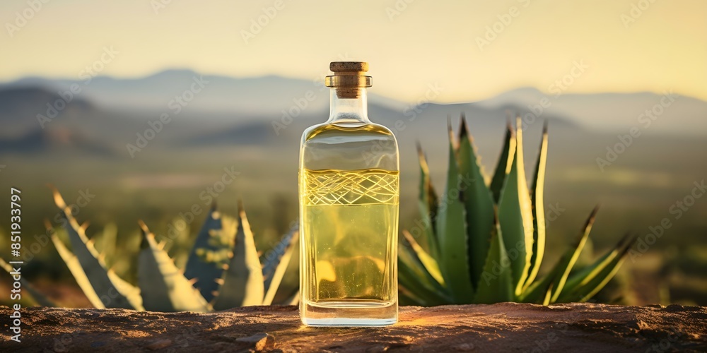 Tequila bottle positioned next to an Agave field, highlighting the ...