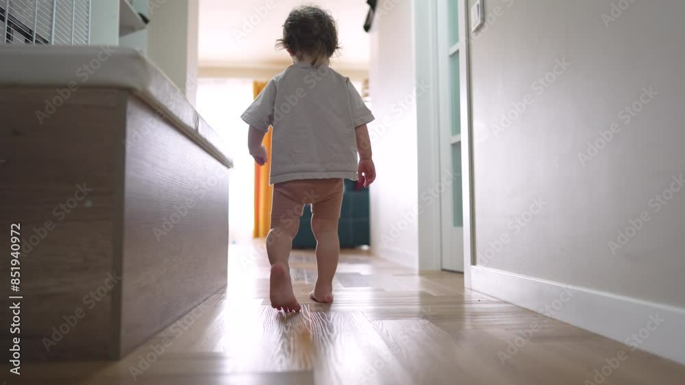 Barefoot toddler steps. Home ambiance with child stepping. Kid first ...