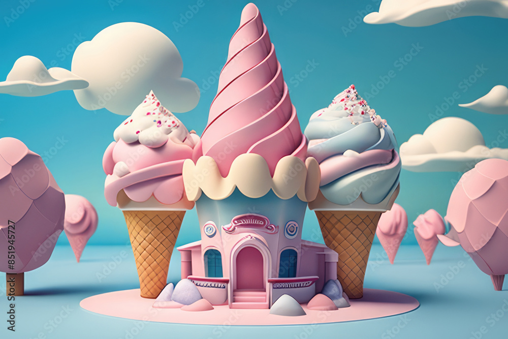 Ice cream. Ice cream land. Fairy tale landscape made in ice cream, waffle cones, marshmallows ...