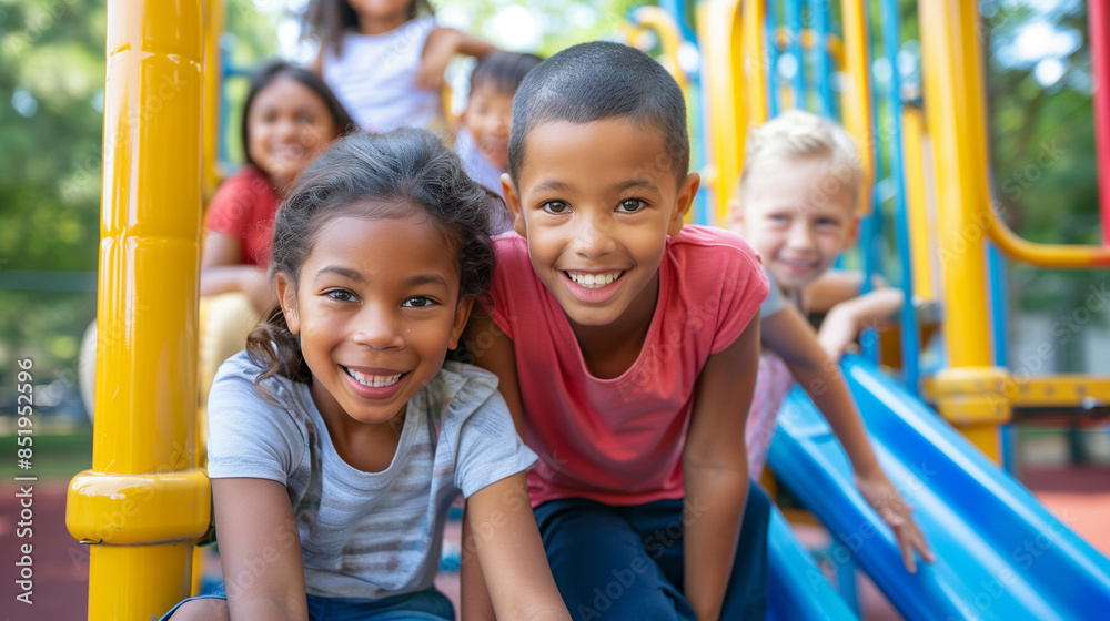 copy space, stockphoto, multiracial, kids playing on a playground ...