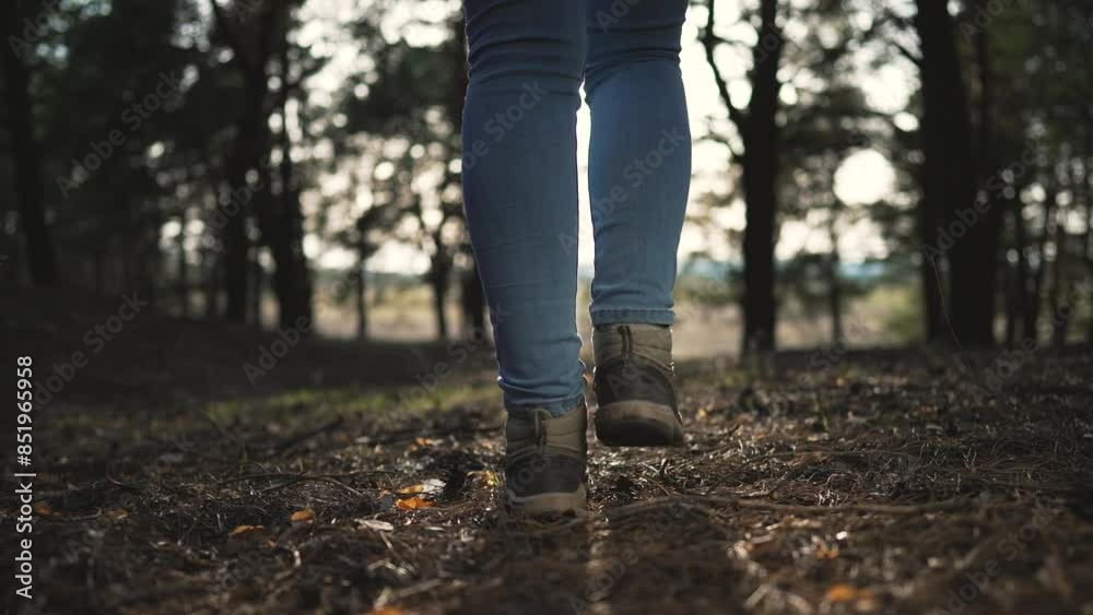 Concept walk forest. Girl feet tread softly through forest nature walk ...