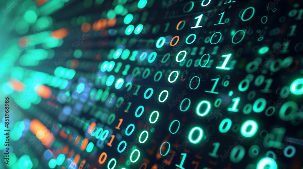 An abstract image of binary code cascading down a computer screen ...