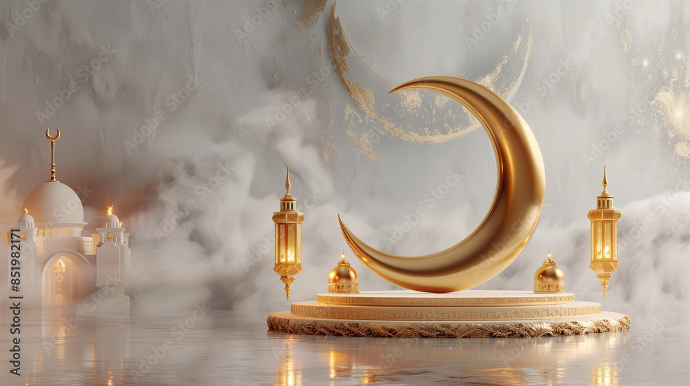 3d Luxury Islamic platform with gold crescent moon, traditional islamic ...
