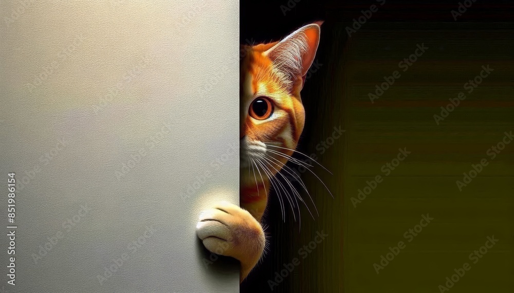 Curious orange cat peeking around corner - A striking image of a ...