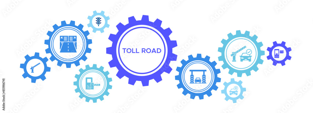 Vetor de Toll road web banner icon with turnpike, gate, station ...