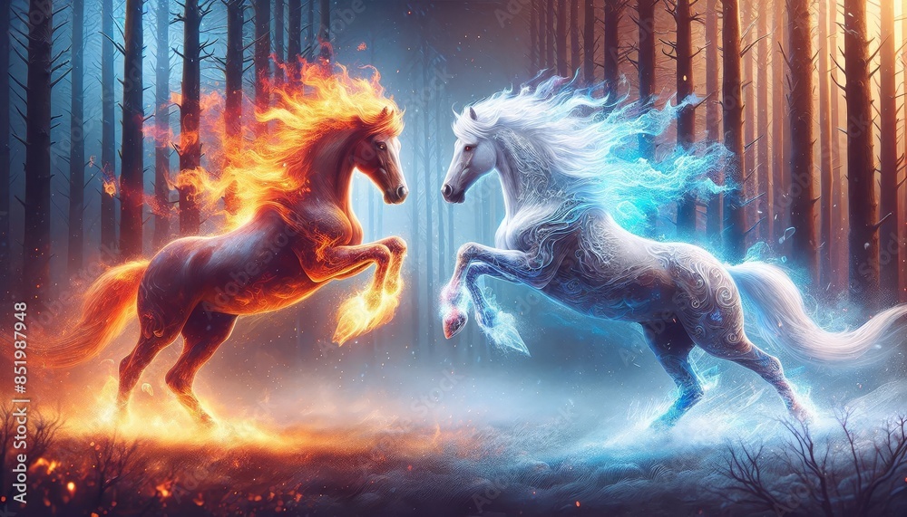 Fiery and icy battle of mythical horses - Depiction of fire and ice ...