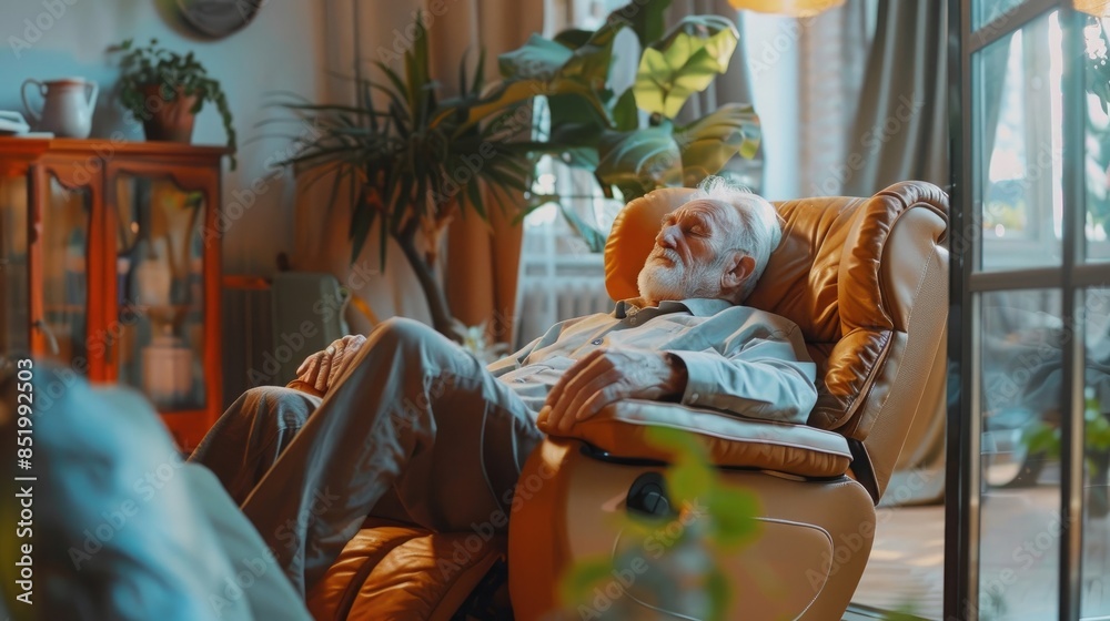 Old man sleeping in a reclining chair in the living room. Concept of ...