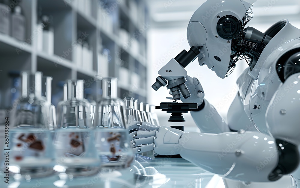 Humanoid robot using microscope in modern laboratory. Future robotic and cybernetic concept ...