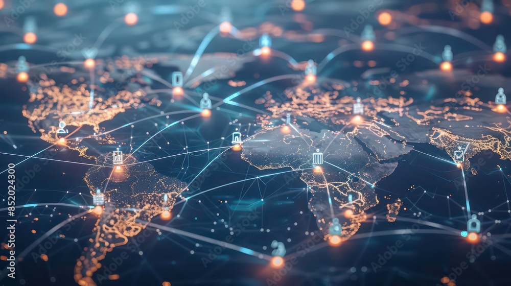 World map with global connection technology represented by glowing ...