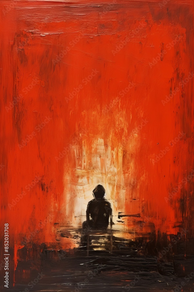Abstract oil painting of a solitary figure in dark tones on red ...