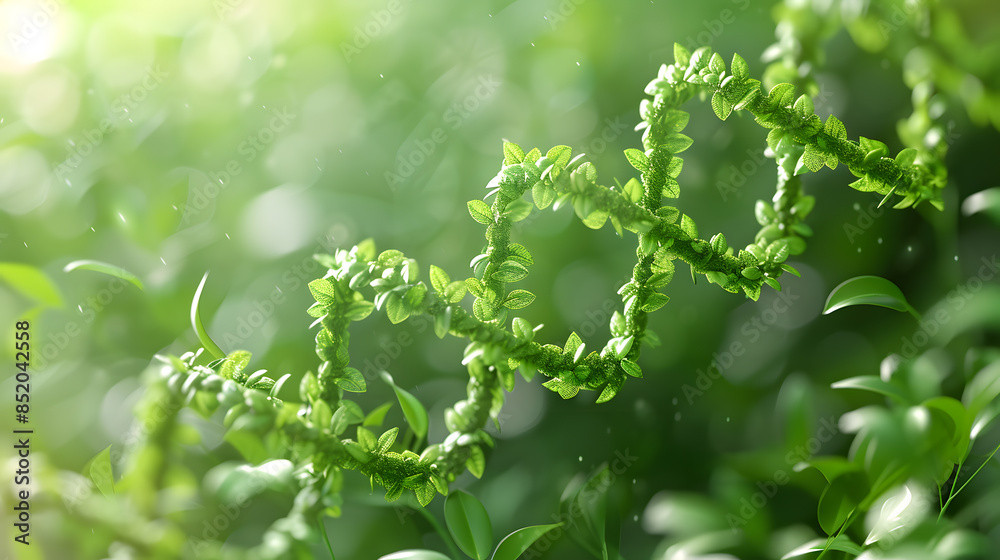 DNA double helix structure made of green leaves on a soft green ...