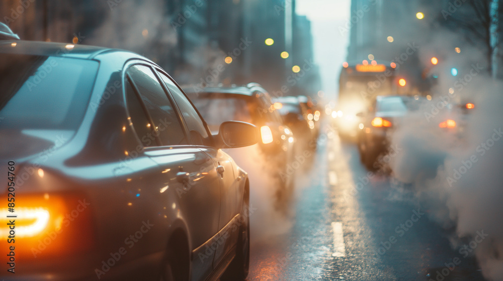 Air pollution from car exhaust smoke in city traffic, focusing on ...