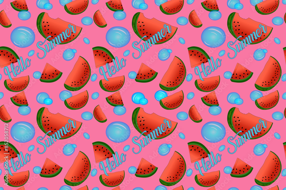 Bright and fun watermelon pattern with bubbles and Hello Summer text ...