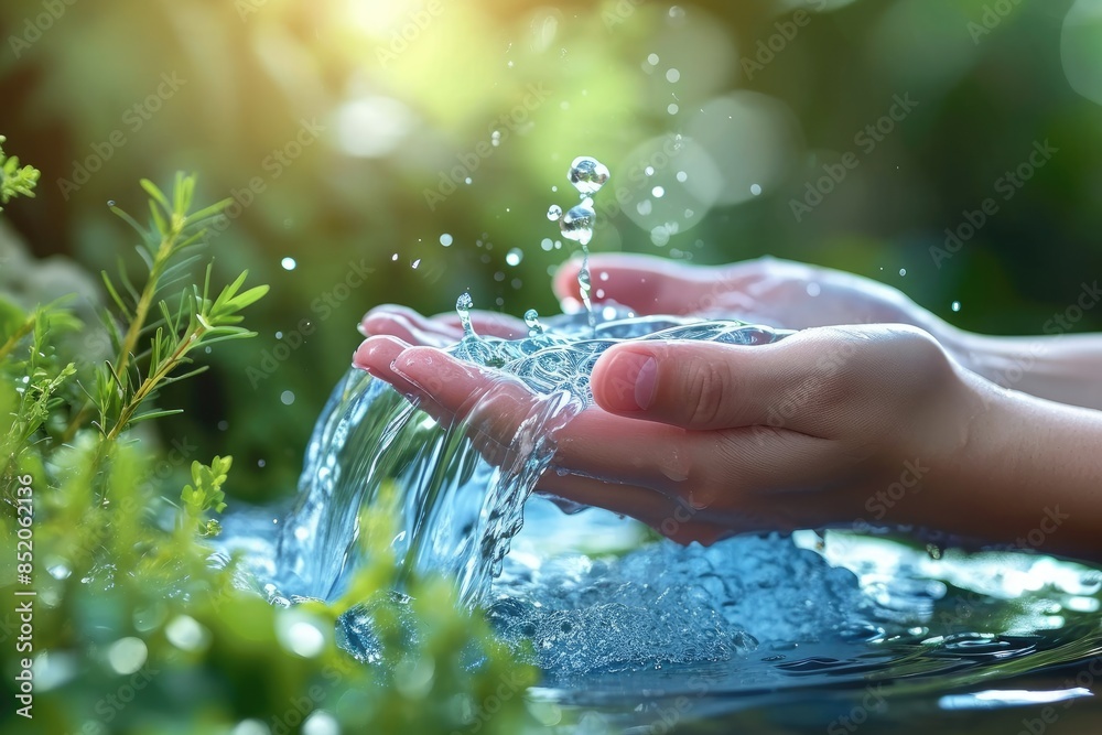 two hands holding water from a stream, Sustainable practices: Create ...