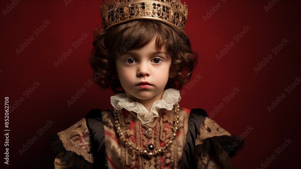 A young child dressed in medieval royal attire with a jeweled crown ...