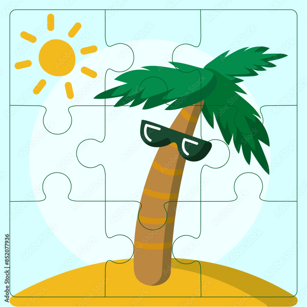 Puzzle template Palm Tree in Sunglasses looks at the Sun. Mosaic funny ...