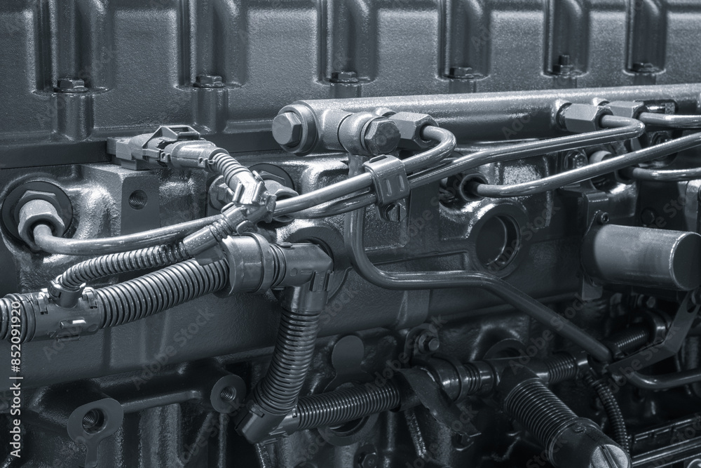 Black diesel engine. Fragment of a diesel motor close-up. Selective on ...