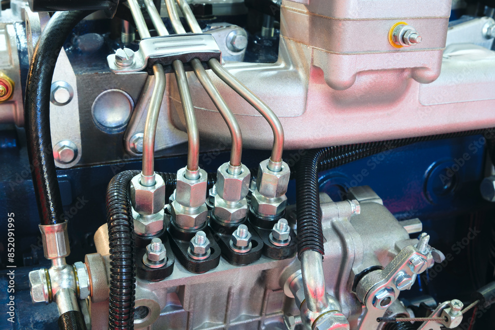 Black diesel engine. Fragment of a diesel motor close-up. Selective on ...