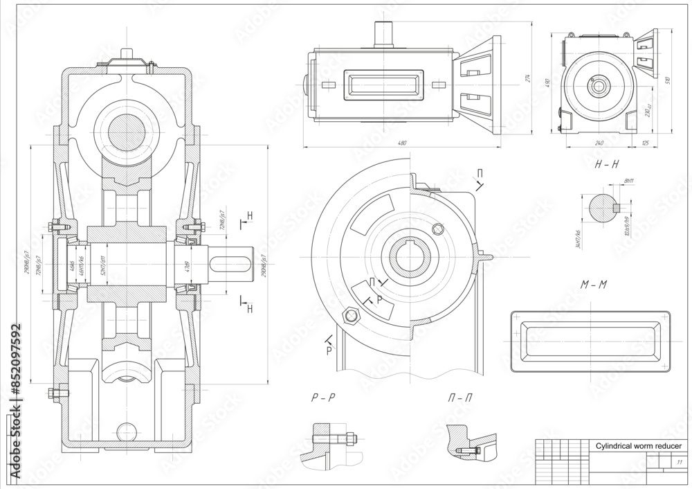 Vector assembly drawing of cylindrical worm reducer. Steel mechanical ...