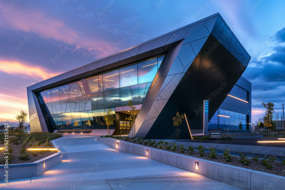 Design the exterior of a futuristic AI data center, featuring a sleek ...