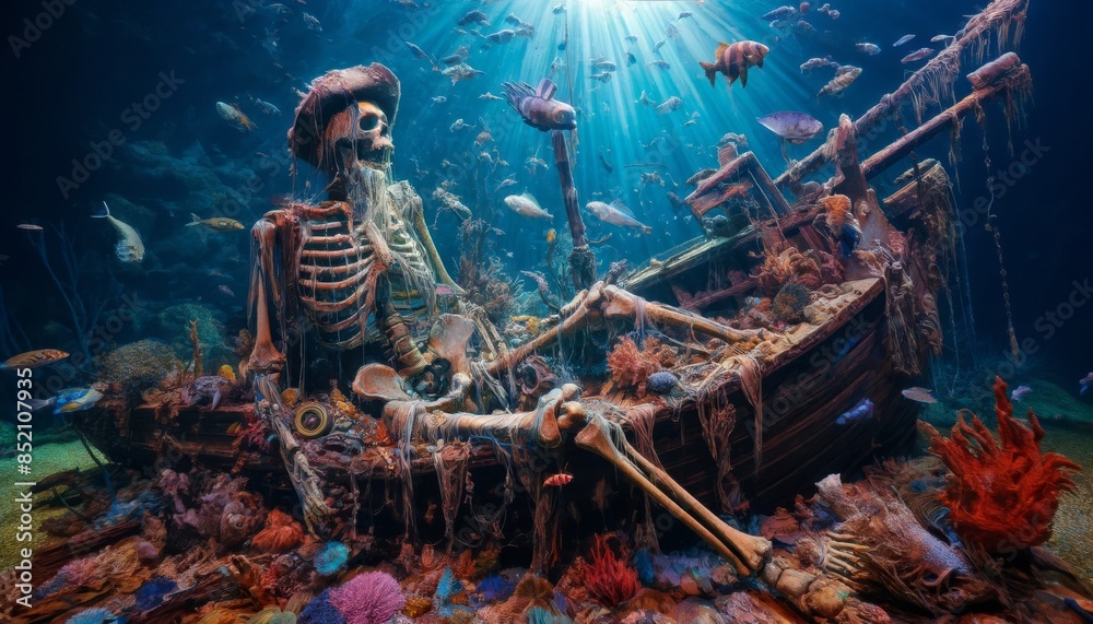 The remains of a sailor, now just bones and tattered clothing, lying ...