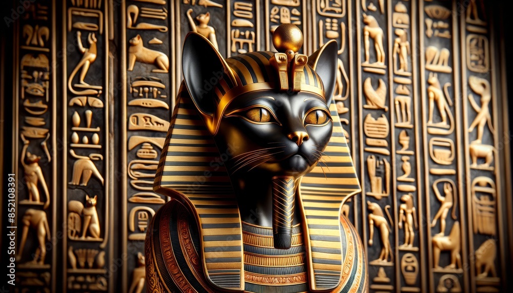 A detailed, focused image of an ancient Egyptian cat deity statue ...