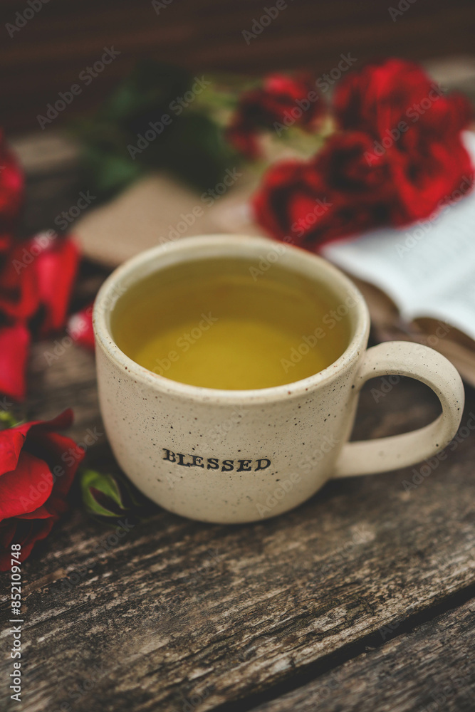 BLESSED, cup of tea and open Bible, Christian good morning concept Stock Photo | Adobe Stock