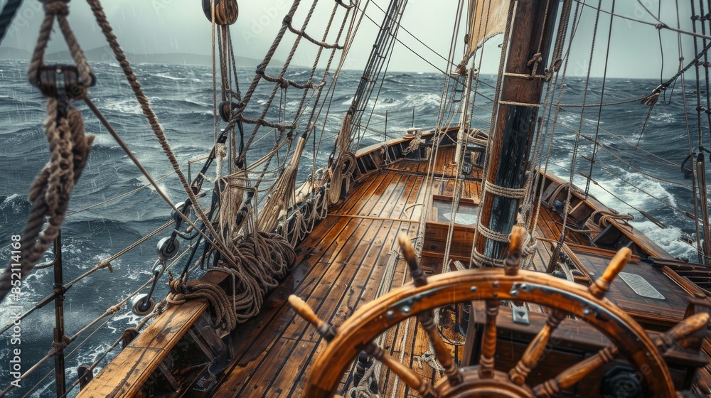 On a sunny day, a pirate sailing ship deck in open sea is viewed from ...