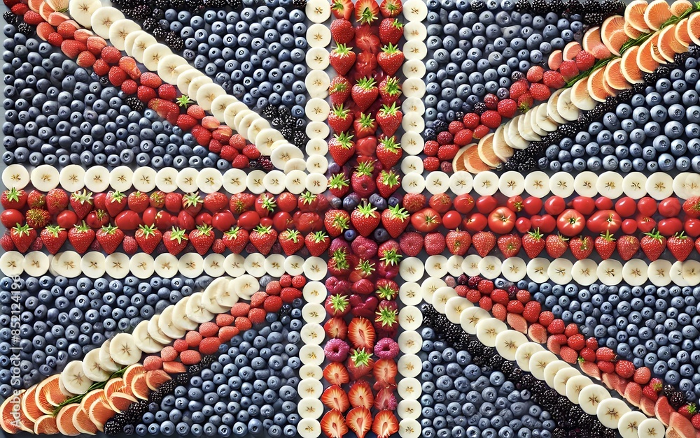 The image depicts the Union Jack flag made from various fruits, with ...