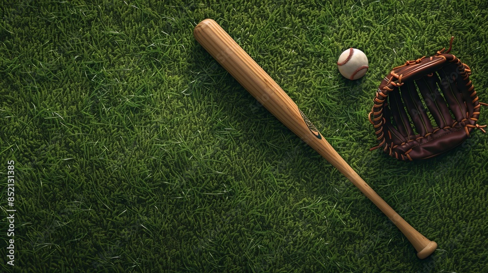 A baseball bat, glove, and ball placed on a green grass field, creating ...