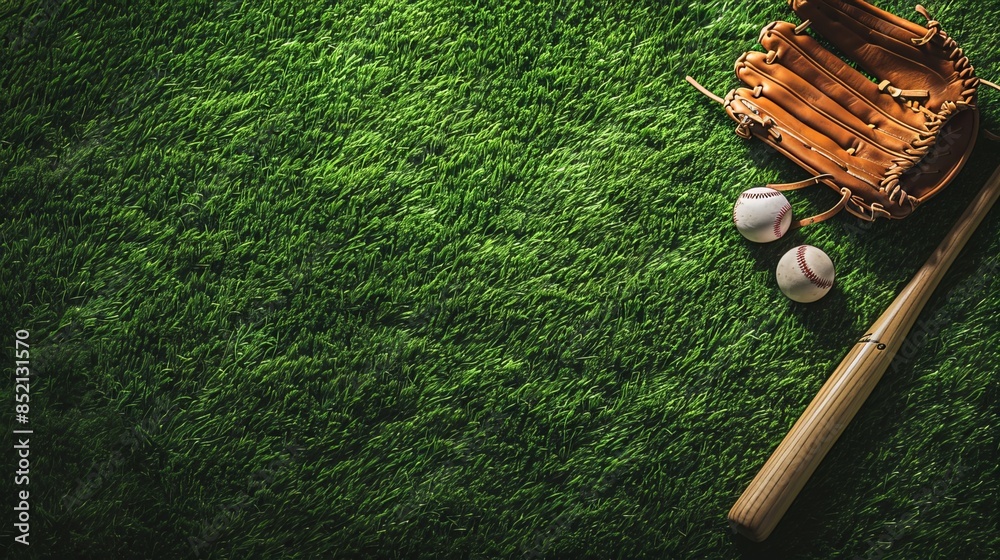 A baseball bat, glove, and ball placed on a green grass field, creating ...