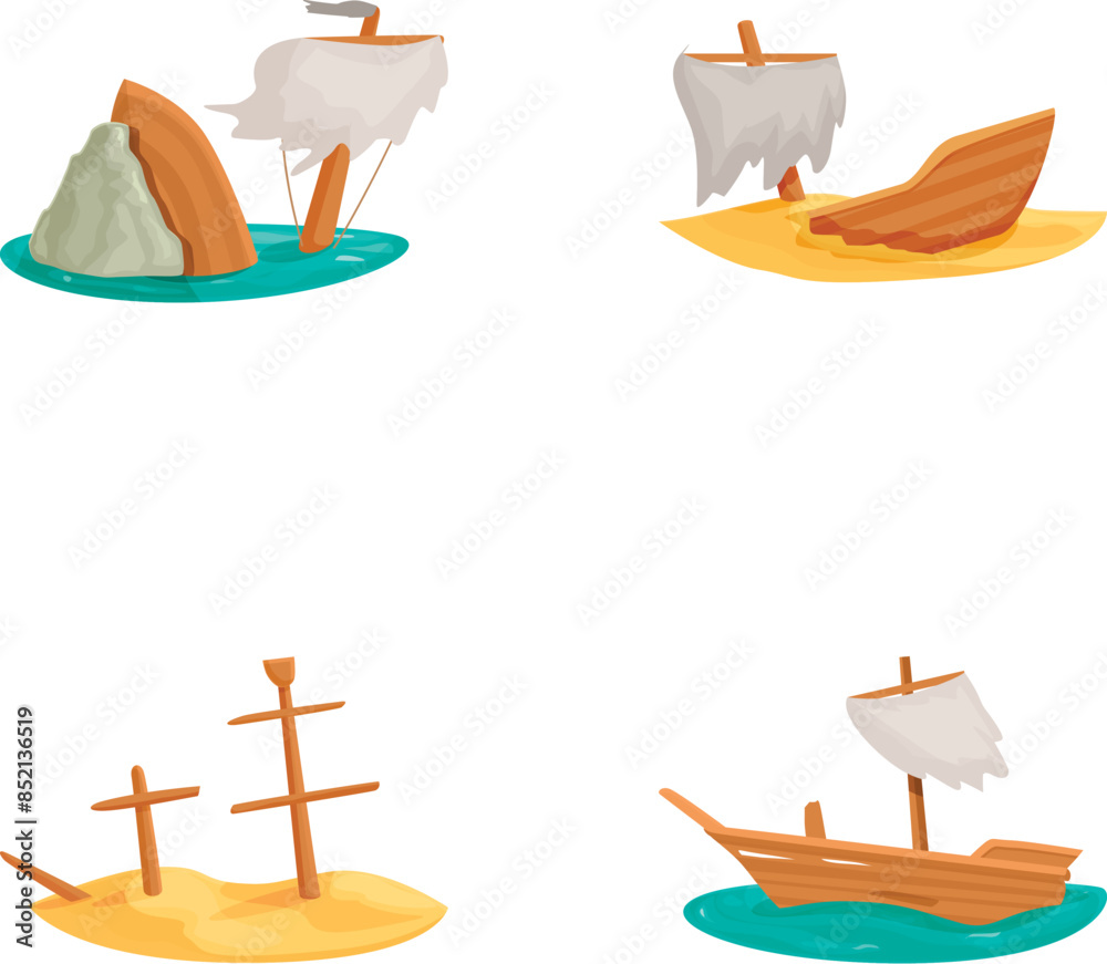 Colorful collection of cartoon shipwrecks with different nautical ...