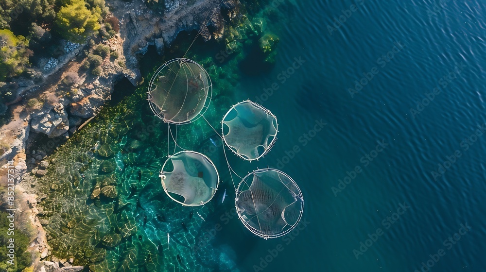 Aerial drone photo of self feeding fish farming unit of sea bass and ...