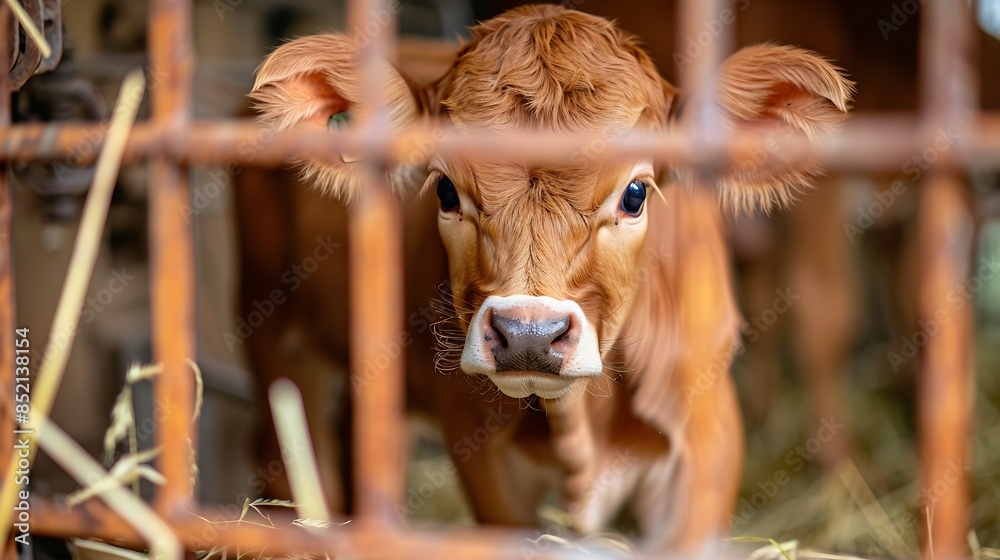Calf cow in cage caring on bio farm farming feed hay grass silage pets dairy cattle breeds ...