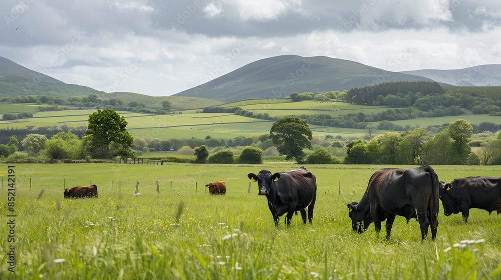 Farming landscape of stud angus and wagyu bulls grazing with beautiful ...
