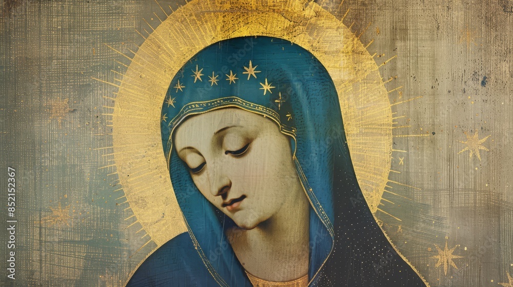 An antique painting of the Holy Mother with a blue veil, depicting a ...